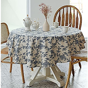 Pastoral Round Tablecloth - 60 Inch Dia. - Linen Fabric Table Cloth - Washable Table Cover with Dust-Proof Wrinkle Resistant for Restaurant, Picnic, Indoor and Outdoor Dining, Floral (Dark Blue)
