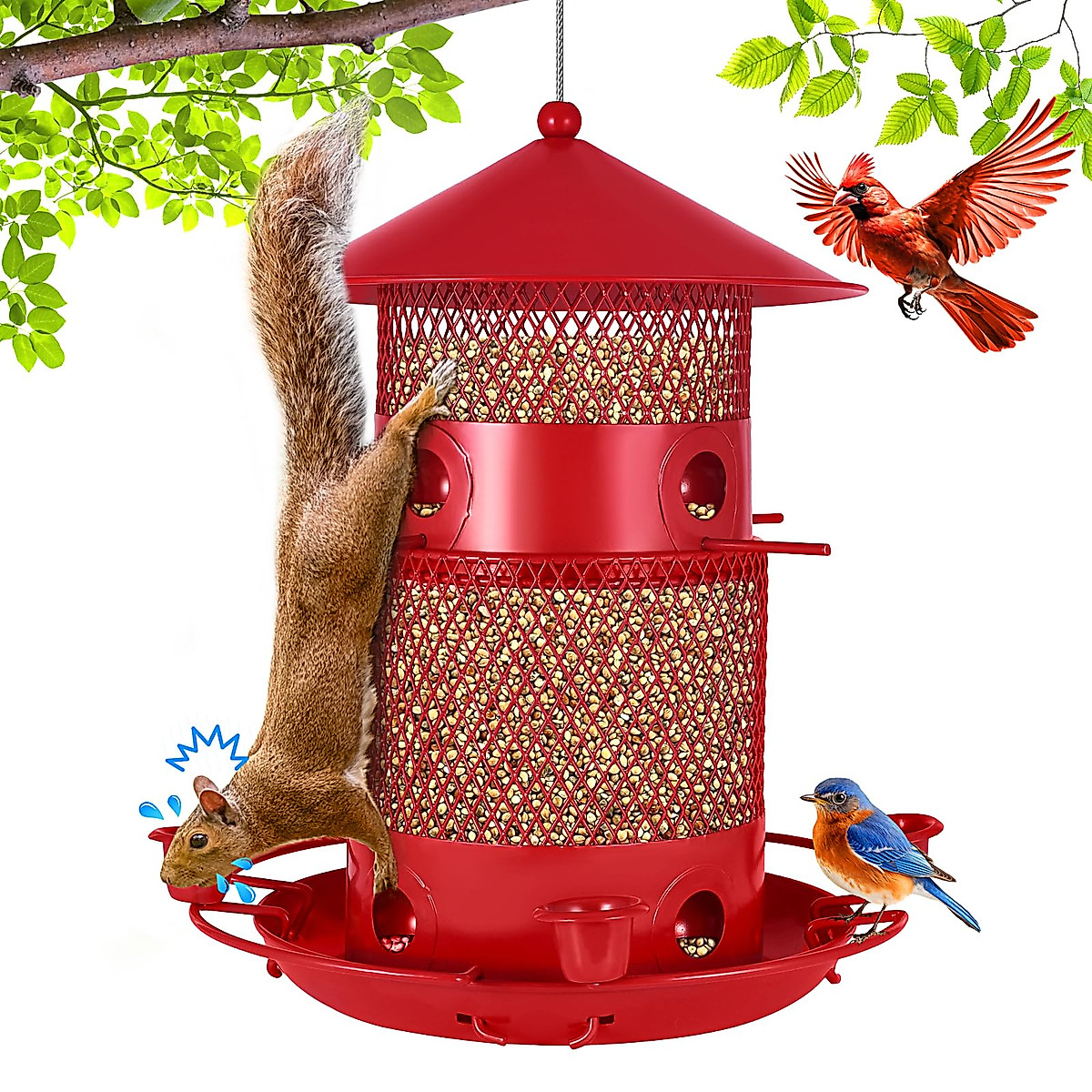 Metal Bird Feeders for Outside, Squirrel Proof Hanging Wild Bird Feeder, 4 Lbs Large Seed Capacity, Outdoors Mesh Tube Birdfeeders with 6 Perches