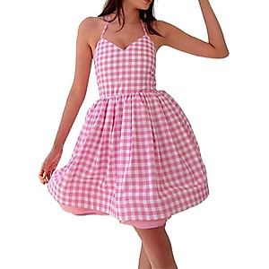 Women Y2k Pink Gingham Dress Backless Plaid Halter Swing Dress Rockabilly Polka Dot Dress 50s Vintage Tea Dress