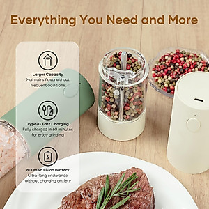 OPIIV 2 Pack Electric Salt and Pepper Grinder Set - USB Rechargeable Automatic Salt Pepper Mill Shaker with LED Light, Adjustable Coarseness, One Hand Operation (Sage/Buttercream)