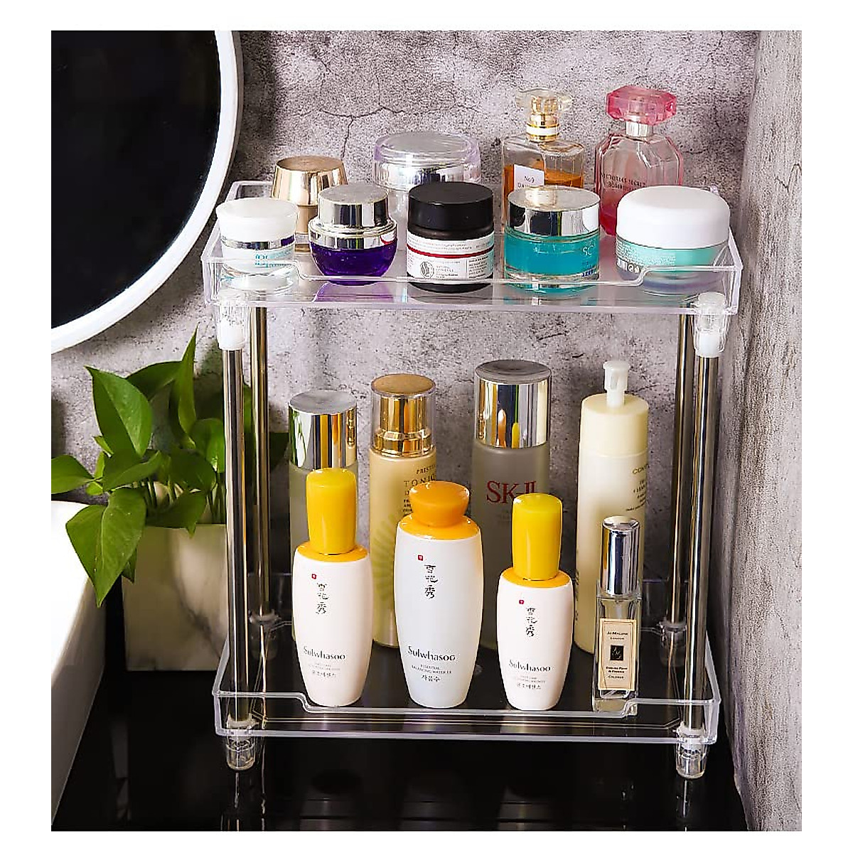 SANTREST Acrylic Organizer Multi-Functional Vanity Tray Corner Shelf for Makeup Cosmetic Shower Racks 2 Tiers