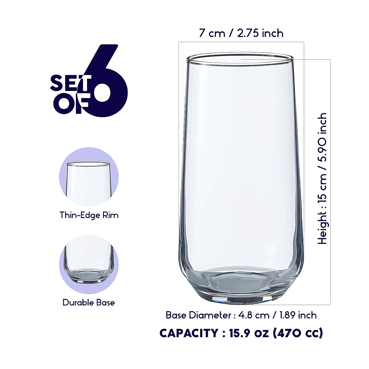 NIKOC Drinking Glasses | Set of 6 | 15.9 oz | Highball Glasses | Premium Glass Cups | Tall Water Juice Glasses | Tumbler Glass | for Home, Restaurants and Parties | Dishwasher Safe