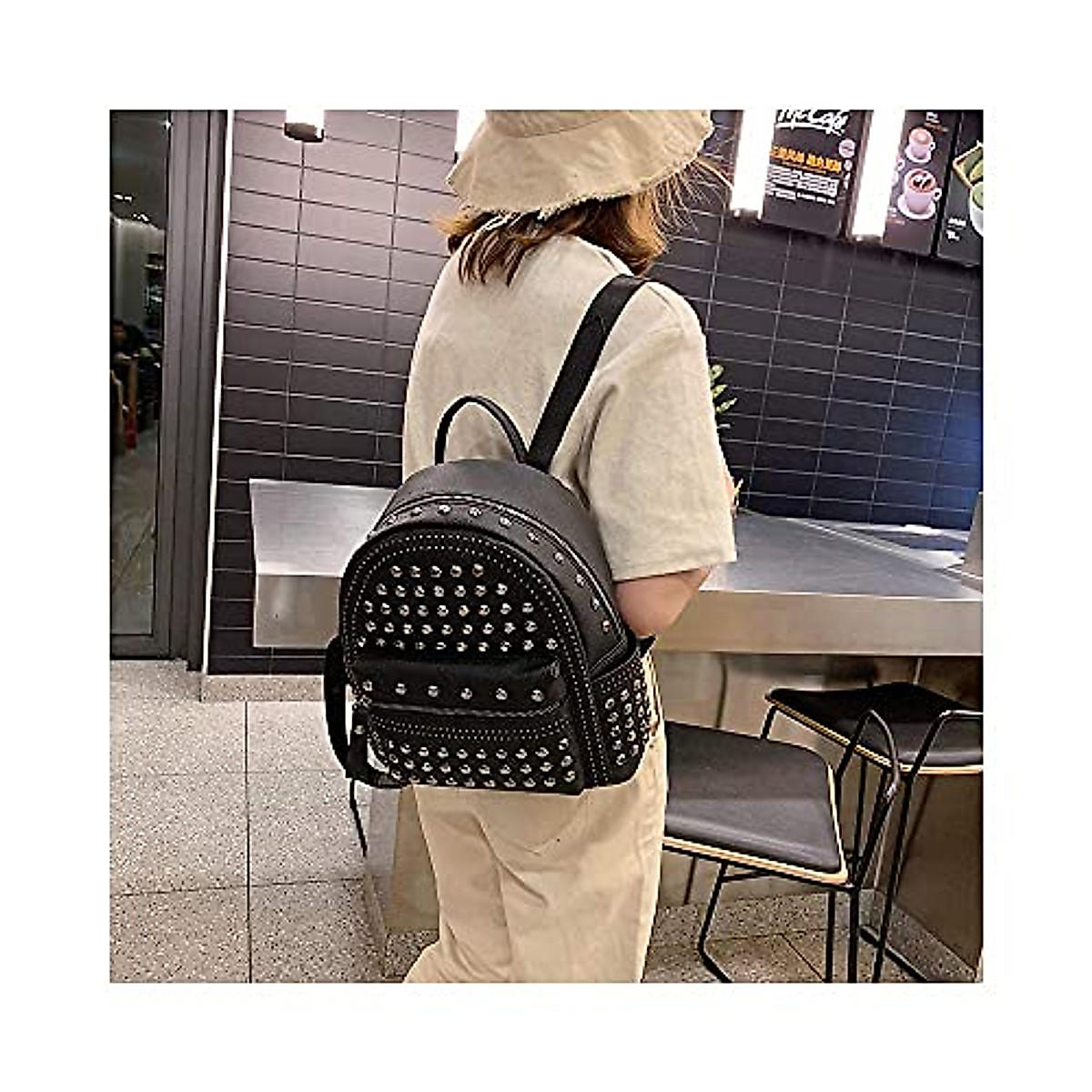 JOZZYAPA Black Faux Leather Studded Backpack Purse Rhinestone Backpack Purse Gothic Motorcycle Biker Backpack Purse Mall Goth Bag Gothic Gifts for Women