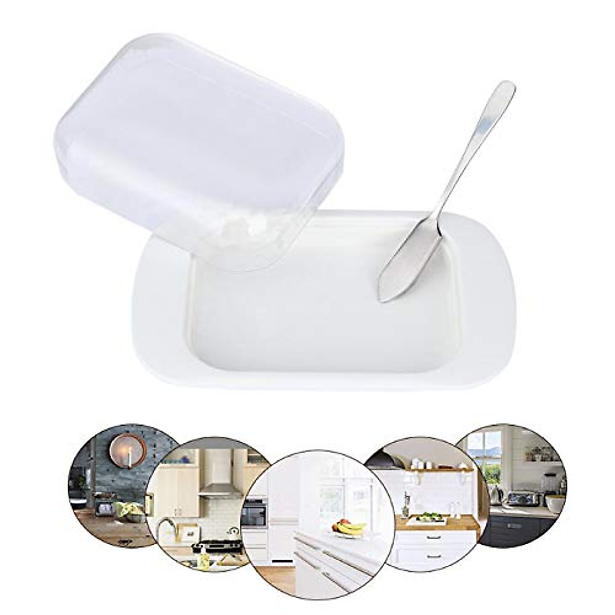 lnndong-White Plastic Butter Plate With Cover, Machine Washable, Including Butter Knife, Durable, Good Sealing, Butter Dish With Lid And Knife, Butter Dish (White Set)