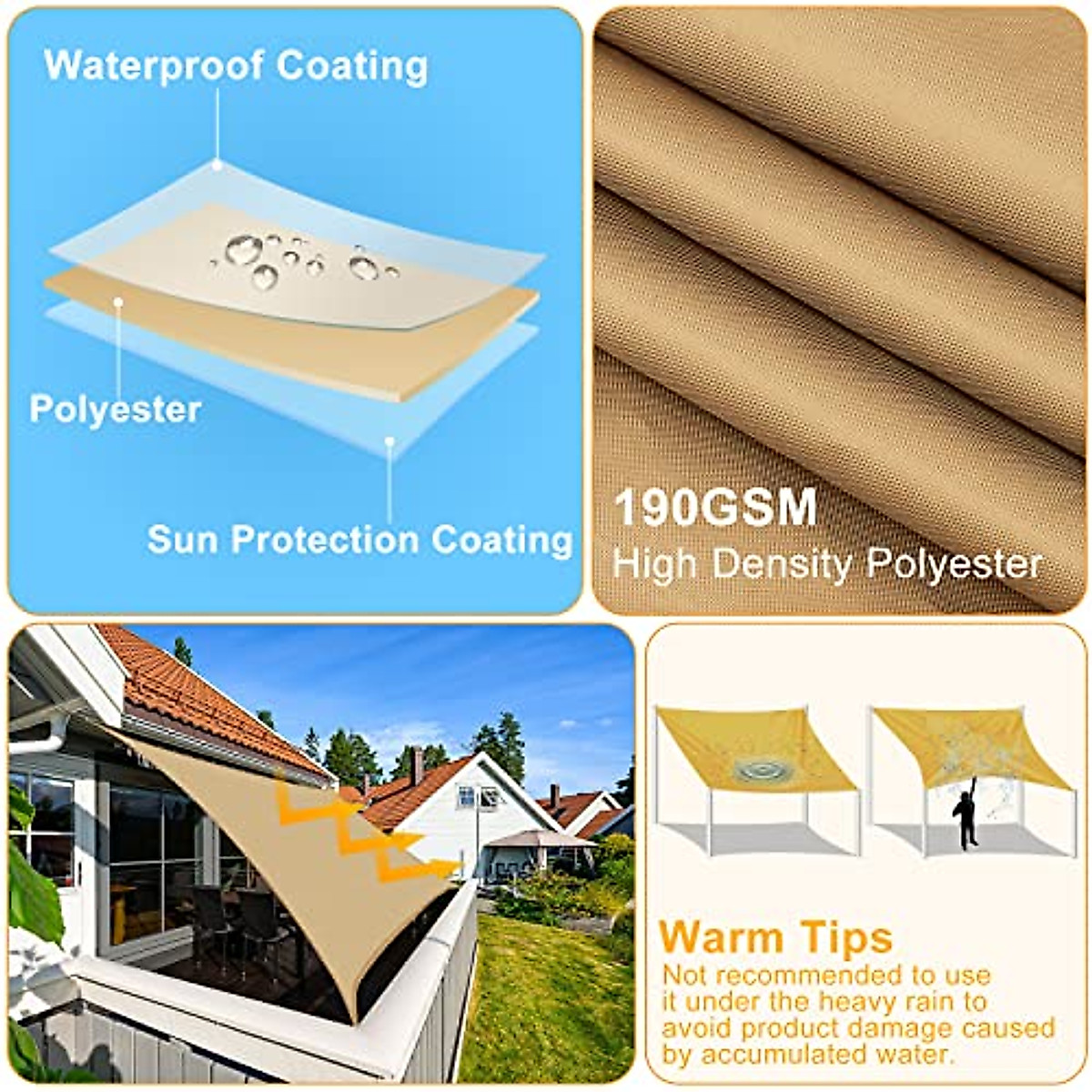 10' x 13' Rectangle Sun Shade Sail Outdoor, 98% UV Block Shade Canopy Tarps Waterproof 190GSM Polyester Sunshade for Patio Garden Backyard Deck Carpor, Sand