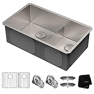 Kraus KHU103-32 Standart PRO 32 inch 16 Gauge Undermount 60/40 Stainless Steel Set (8 Item Bundle: Sink, Bottom Grid Assembly, Drain Cap x2, Kitchen Towel), 32, 50/40 Double Bowl, Silver