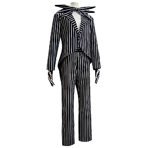 Powumie Adult Jack Skellington Halloween Costume Men’s Cosplay Jacket Pants Suits Uniform Black (Large, Adult-Black)