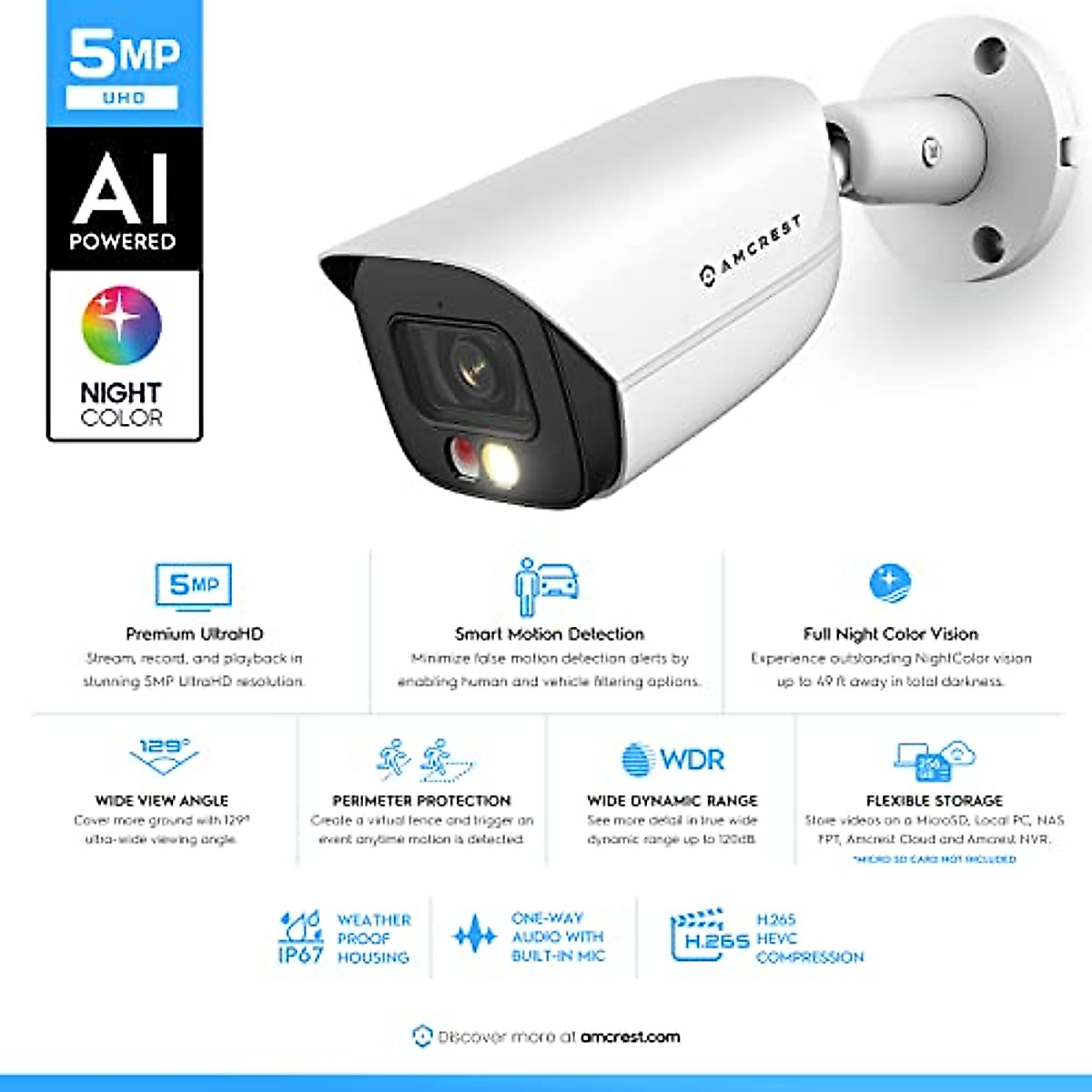 Amcrest 5MP IP PoE AI Camera w/ 49ft Color Night Vision, Security Outdoor Bullet Camera, Built-in Microphone, Human & Vehicle Detection, Active Deterrent, 129° FOV, 5MP@20fps IP5M-B1276EW-AI (White)