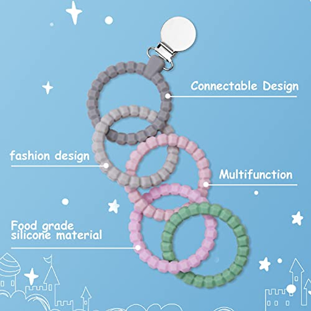 Ainiv Silicone Baby Teether Links, 2 Strings Baby Teething Toys with Pacifier Clip, Cutie Baby Teether Rings, Food Grade Silicone Attachable Teether Chew for Newborn Infant Baby Gift, Color-1