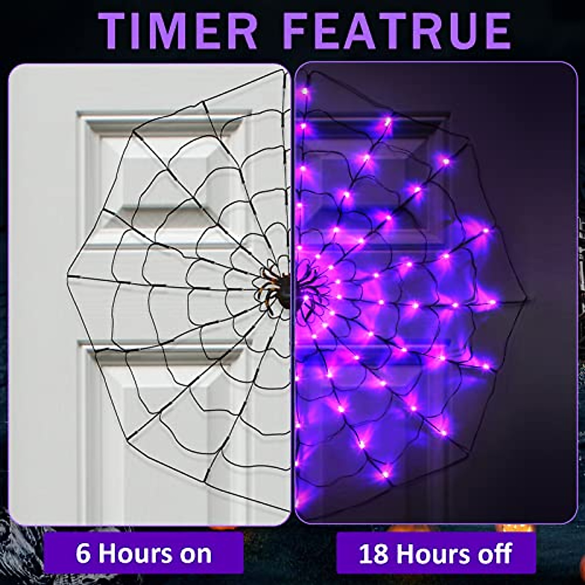 Remon 4Ft Light Up Spider Web Halloween Decorations, 96 Purple LED Waterproof Spider Web Lights with Big Spider, 8 Flashing Modes Battery Powered for Halloween Home Window Yard Garden Indoor Outdoor