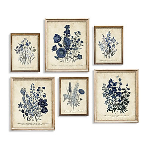 Watercolor Vintage Flower Poster Print - Rustic Modern French Country Cottagecore Wall Art - Primitive Blue Magnolia Leaves Pictures Gallery Gift - Farmhouse Plant Botanical Floral Kitchen Room Decor