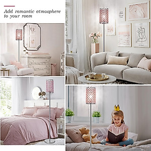 Crystal Floor Lamp for Bedroom, Silver Floor Lamp with Pink Shade, Girls Floor Lamp with On/Off Foot Switch, Elegant Standing Light Tall Pole Lamp for Living Room, Dresser, Office (E26 Base)