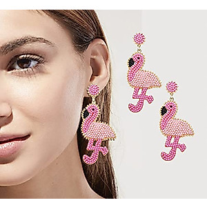 Beaded Flamingo Earrings for Women Handmade Boho Tropical Bird Earrings Statement Pink Animal Flamingo Drop Dangle Earrings Summer Beach Jewelry Gift