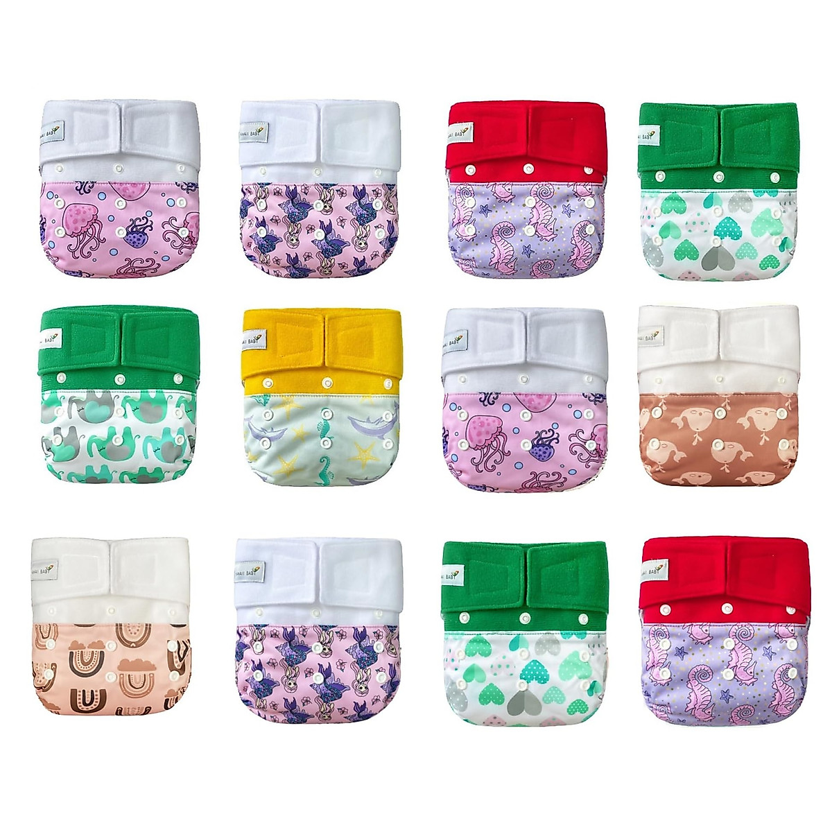 KaWaii Baby One Size HD3 Cloth Diapers, Reusable Adjustable Easy Hook & Loop for Baby Girls 8-36 lbs, Set of 12 Diapers