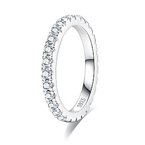 AimiIee Moissanite Eternity Rings 0.9cttw D Color VVS1 Clarity Round Brilliant Cut Moissanite Diamond S925 Sterling Silver Stackable Wedding Band for Women with Certificate, Gemstone, Moissanite