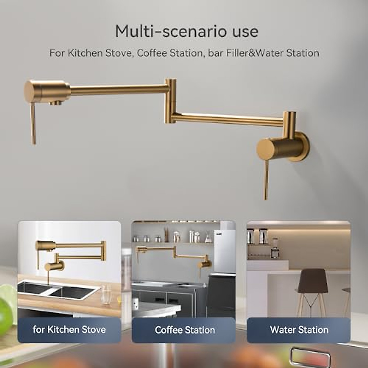 MR. FAUCET Wall Mount Kitchen Pot Filler Faucet 360° Swivel Folding Swing Arm Built-in Bearing Joint Technology, for Kitchen Stove, Coffee Station, bar Filler&Water Station(Brushed Brass Gold)