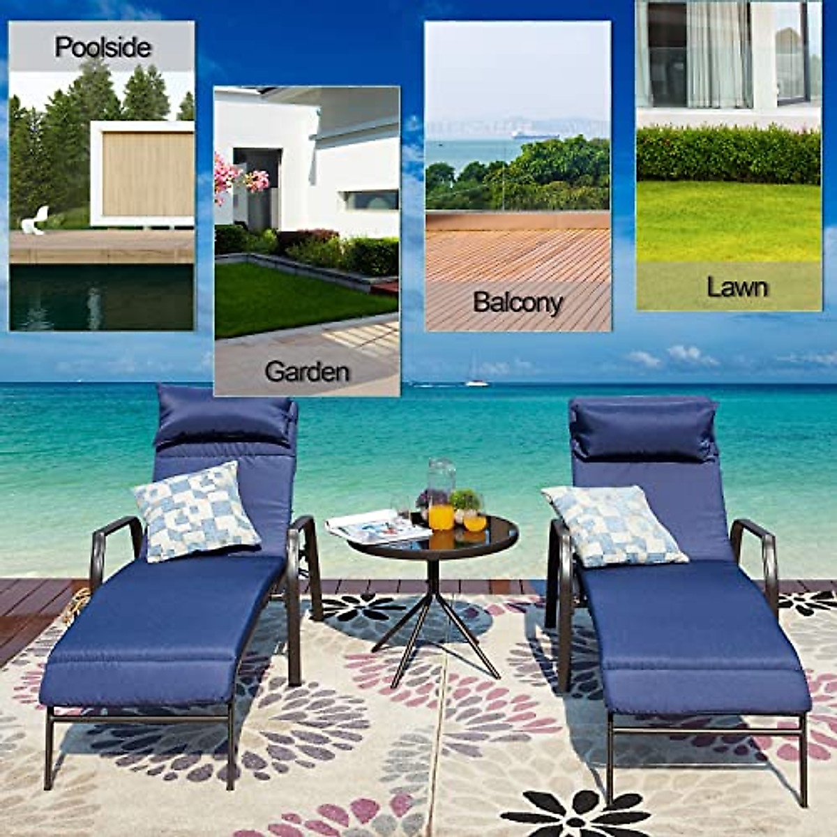LOKATSE HOME 3 Pieces Outdoor Patio Chaise Lounge Set 2 Adjustable Chairs and 1 Bistro Table with Removable Cushions, Dark Blue
