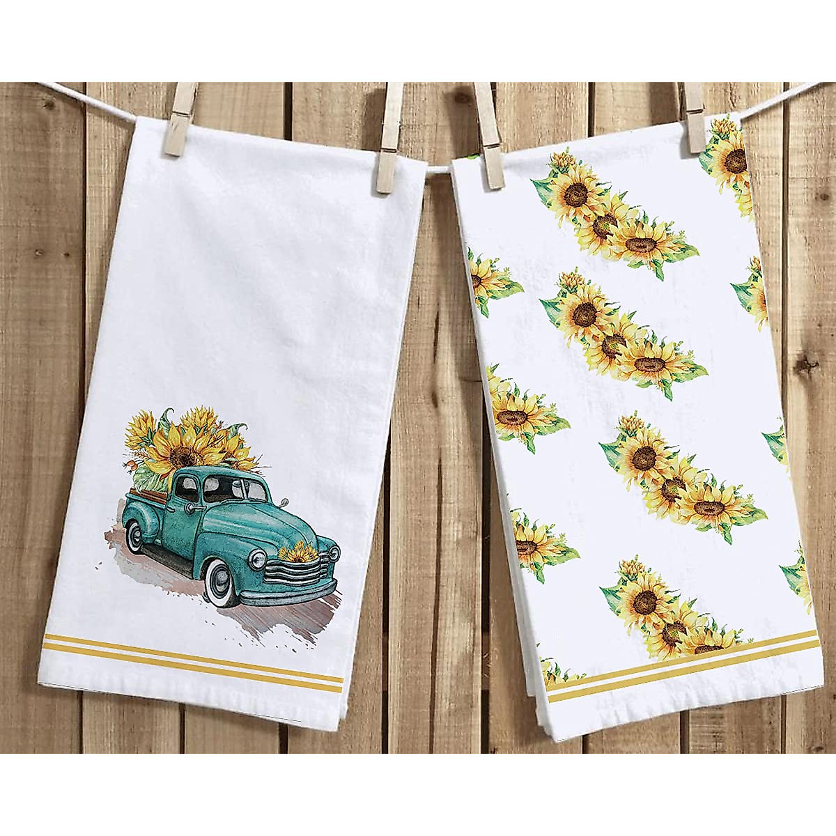 Set of 2 Watercolor Sunflower Kitchen Dish Towel 18 x 28 Inch, Seasonal Spring Summer Sunflower Truck Tea Towels Dish Cloth for Cooking Baking