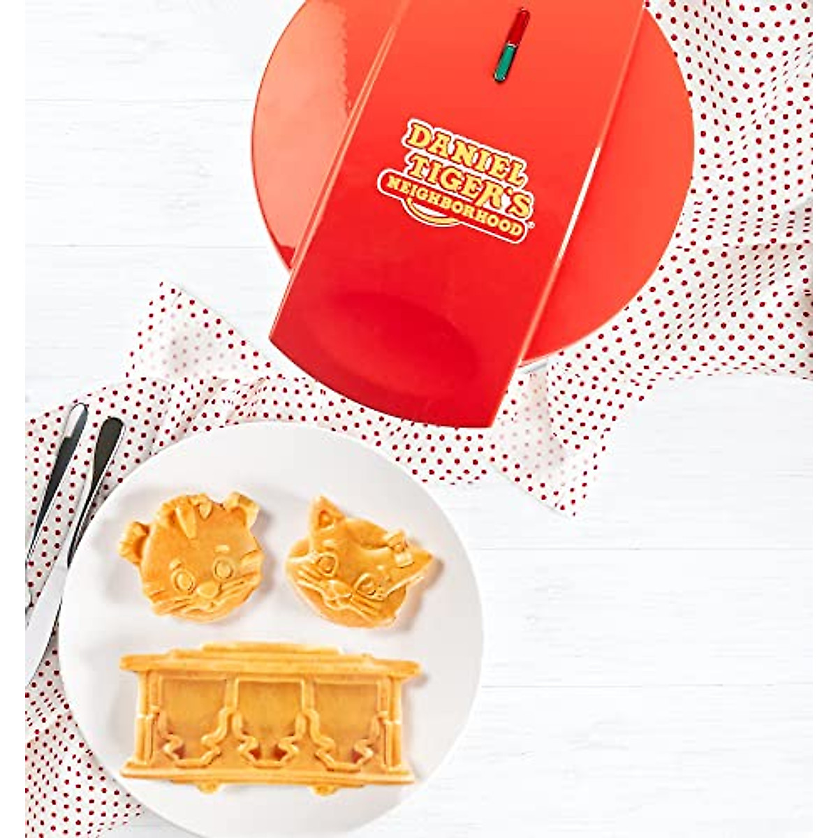 Daniel Tiger Waffle Maker Iron - Electric Nonstick Waffler Featuring 3D mini Character Shaped Waffles or Pancakes of Daniel Tiger, Caterina Kitty Cat & the Trolley - Fun for Themed Party, Make Breakfast Fun for Kids, Adults