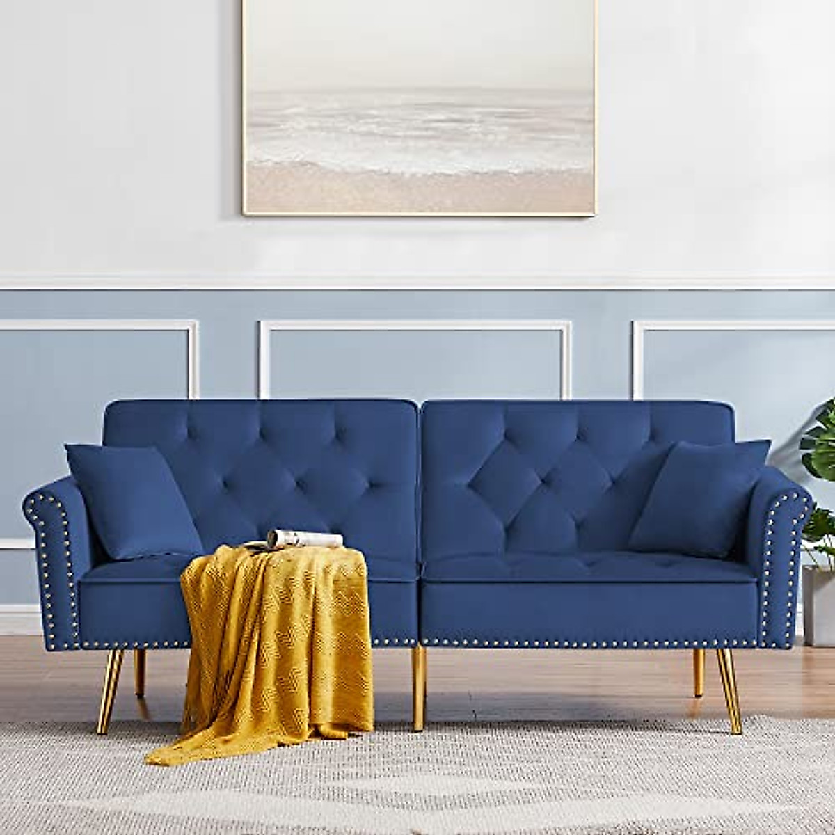 HomSof Futon Bed, Convertible Sleeper Tapered Metal Legs, Small Splitback Sofa for Living Room, 2-Seat, Blue
