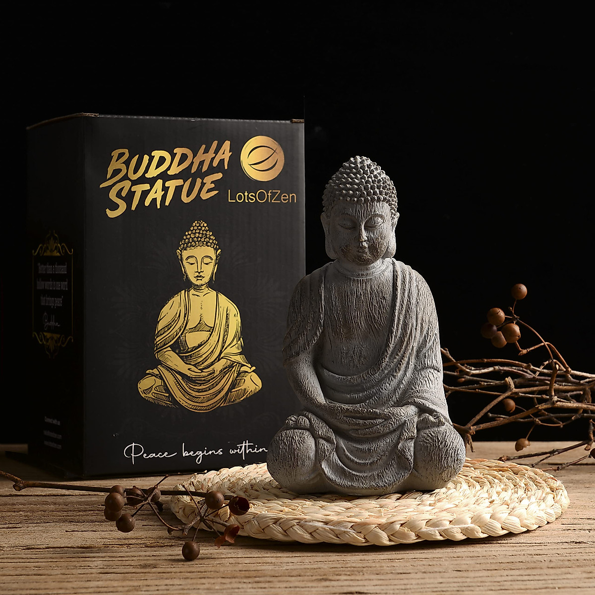 LOTS OF ZEN Mini Buddha Statue — 6.7 inch Buddha Statue with Wooden Round Base Included — Mini Buddha Statue for Spiritual Home Decor
