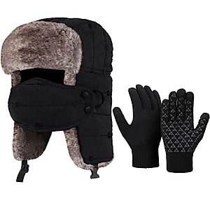 SATINIOR Trapper Hat Gloves Set, Warm Winter Hats Hunting Hat with Mask Ear Flaps, Winter Touchscreen Gloves for Women Men Black