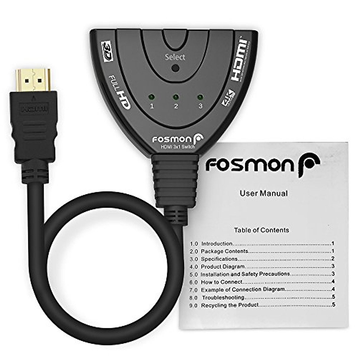 Fosmon 3-Port 4K, 3x1 Switcher (Automatic Switching) Support Ultra 3D HDR Full HD 1080P HDCP, HDMI Splitter Hub Compatible with Apple Roku Fire TV Stick HDTV PS4 Xbox One Chromecast
