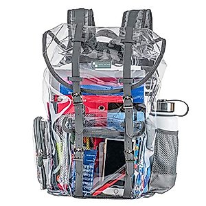 Heavy Duty Clear Backpack with Front Pocket, Clear Bookbag (Steel Gray) Medium