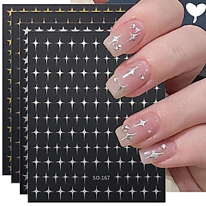 JMEOWIO 12 Sheets Colorful Star Nail Art Stickers Decals Self-Adhesive Pegatinas Uñas Silver Nail Supplies Nail Art Design Decoration Accessories