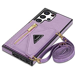 SZHAIYU Flip Leather Wallet Cover for Samsung Galaxy S23 Ultra 5G Crossbody Case with Credit Card Holder Strap Lanyard 6.8'', Women Girl Purse Kickstand (Purple,S23 Ultra)
