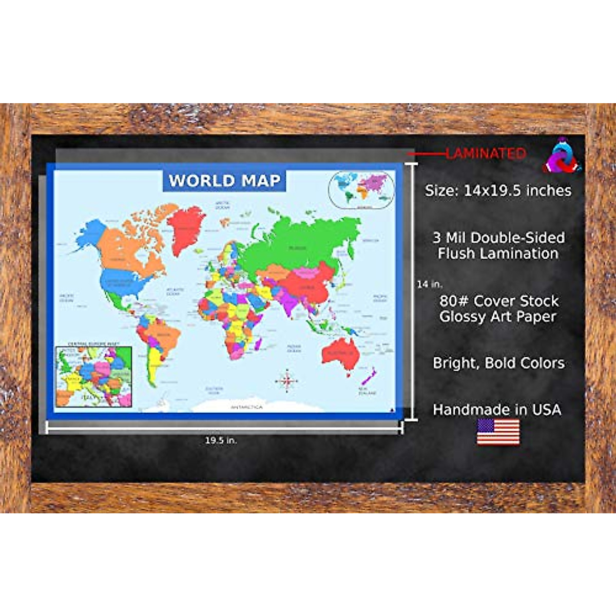 World Map Poster and USA Map with Extra Features - Laminated Educational Poster (14x19.5 in) – Maps for Kids, Classroom Decorations, Preschool and Elementary Learning, Teacher Supplies