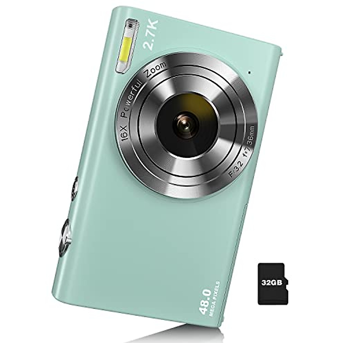 Digital Camera Auto Focus 2.7K 48MP Digital Point and Shoot Camera with 32GB Memory Card,16X Zoom, Time Lapse Vlogging Camera Digital Cameras for 8-15 Years Kids Teenagers Students Boys Girls, Green