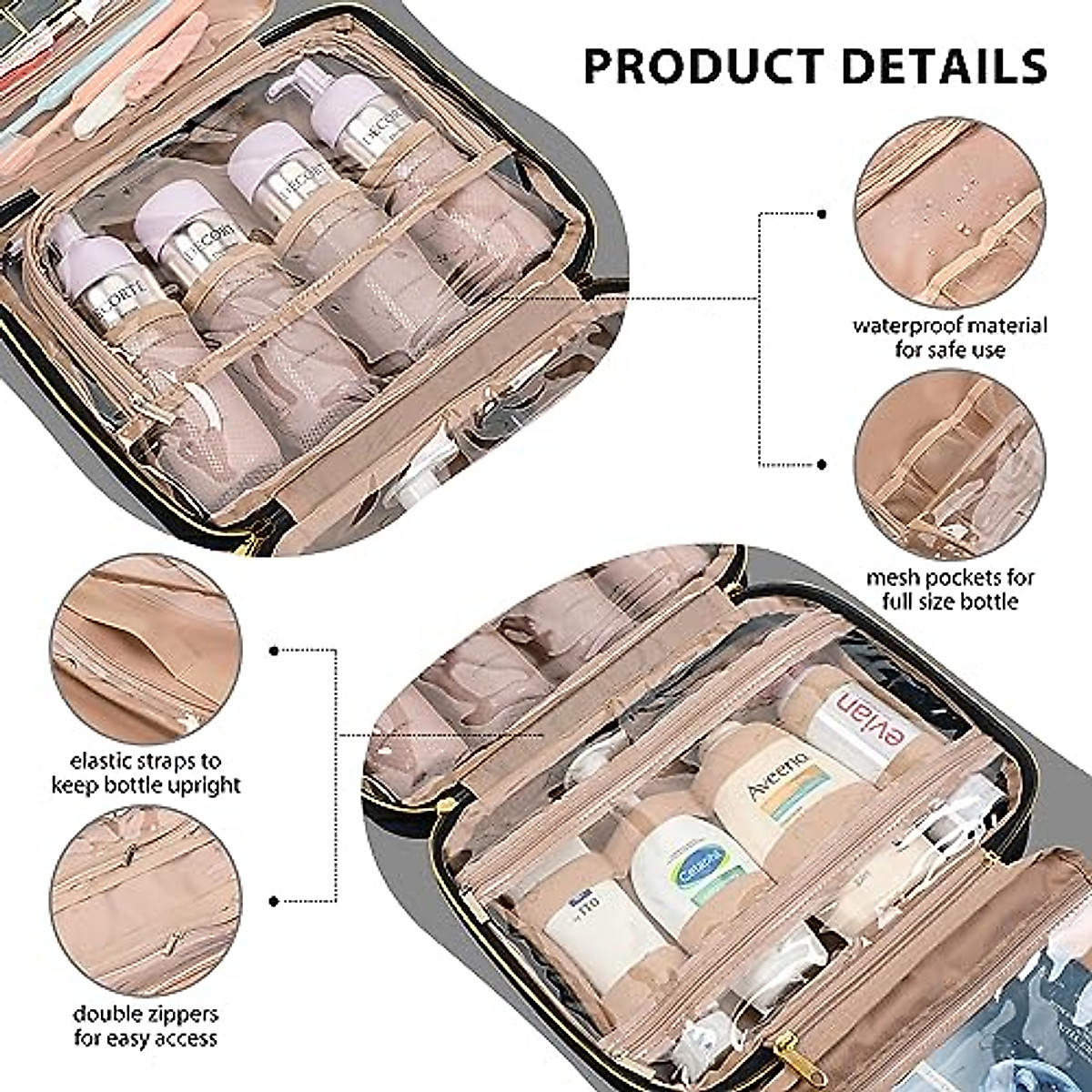 SOVICO Large Travel Toiletry Bag for Women with Extra 4 Travel Bottles, Hanging Toiletry Bag with 360° Rotatable Hook, Travel Bag for Full-Sized Cosmetic Bag with Makeup Brush Compartment-Black