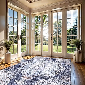 CAMILSON Printed Area Rugs with Ultra Thin Super Strong for Living Room Bedroom, Vintage Rug 8x10, Stain and Water Resistant, Traditional Bohemian Indoor Carpet (8 x 10, Blue)