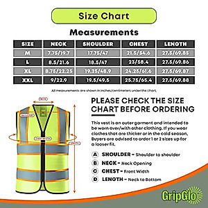 GripGlo Reflective Safety Vest, Bright Neon Color with 2 Inch Reflective Strips - Orange Trim - Zipper Front, Large