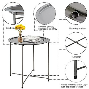 Garden 4 you Folding Tray Metal Side Table Grey Round End Table Cyan Sofa Small Accent Fold-able Table, Round End Table Tray, Next to Sofa Table, Snack Table for Living Room and Bed Room