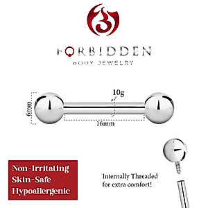 Forbidden Body Jewelry 10g 16mm Internally Threaded Surgical Steel Straight Barbell Body Piercing, 6mm Balls