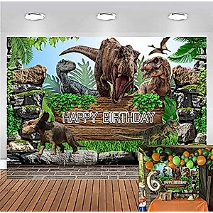 MECOLO 7x5ft Dinosaur Theme Backdrops Jungle Park Boy Kids Birthday Party Photography Background for Baby Shower Cake Table Decoration Photo Party Supplies Banner