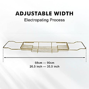 BAWOUA Bathtub Caddy Tray for Luxury Baths, Over Bathtub Racks with Marble(Black), Strong Expandable Chrome Polished Stainless Steel Brackets for Bath (Gold)