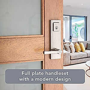 Baldwin Spyglass Single Cylinder Front Door Handleset Featuring SmartKey Security in Satin Nickel, Prestige Series with a Modern Contemporary Slim Door Handleset and Square Lever