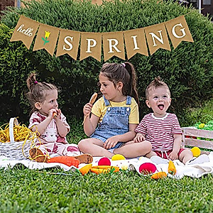 Hello Spring Banner Burlap Decorations, Happy Spring Banner Garland with Flower for Mantle Fireplace Supplies Spring Bunting Garland Banner Decoration for Home Spring Themed Party Decor