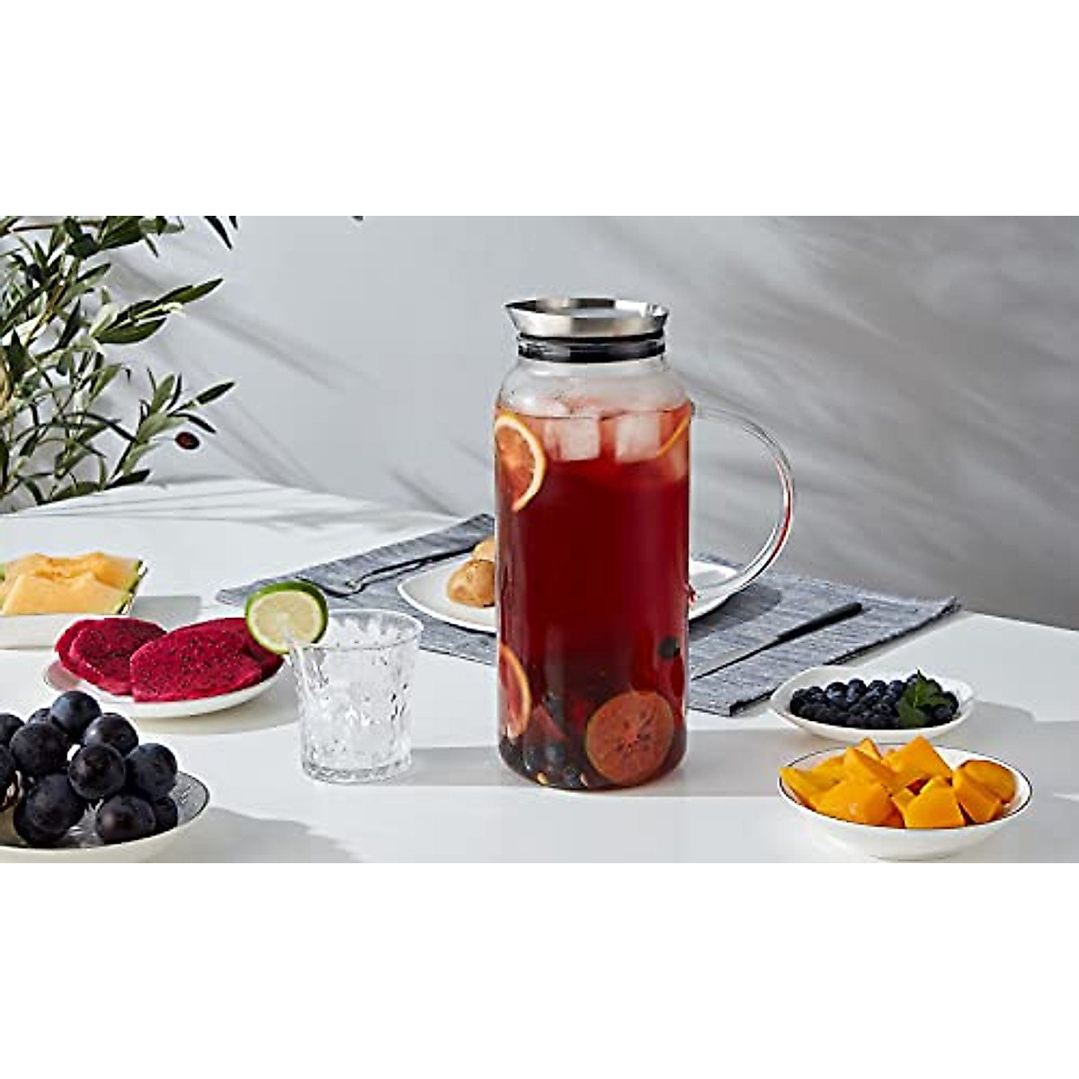 68 Ounces Glass Pitcher with Lid, Hot/Cold Water Carafe, Juice Jar and Iced Tea Pitcher