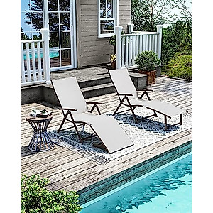 Pellebant Aluminum Patio Chaise Lounge Chair, Adjustable Chair for Outside with 8 Backrest Positions, Brown Frame, Folding Outdoor Recliners All Weather for Beach, Pool and Yard, Light Grey