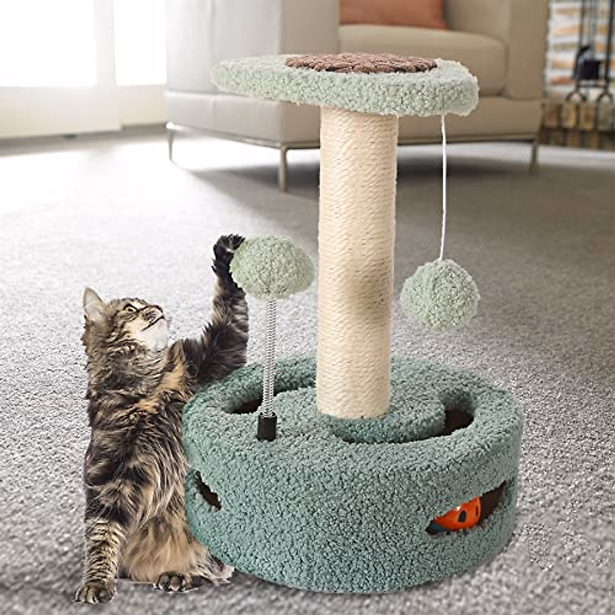 JIXIANGDOG Cat Scratching Post Cat Scratcher for Indoor Cats Natural Sisal Covered Cats Scratch Toy with Interactive Track Balls and Soft Dangling Ball for Kitten and Adult Cats