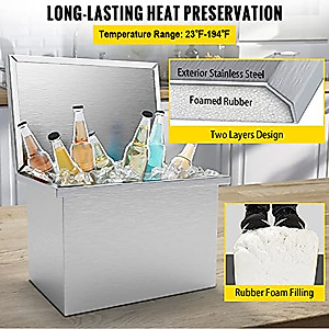 VEVOR Drop in Ice Chest 20''L x 14''W x 13''H Drop in Cooler Stainless Steel with Hinged Cover Bar Ice Bin 36.3 qt Drain-Pipe and Drain Plug Included for Cold Wine Beer