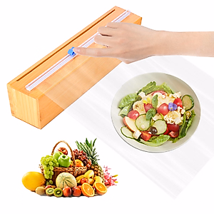 BoxThink Bamboo Wood Plastic Wrap Dispenser with Slide Cutter Also for 12 inch Aluminum foil, Parchment Paper, Cling Wrap Dispenser Sturdy and Reusable (12inch With Slide Cutte)