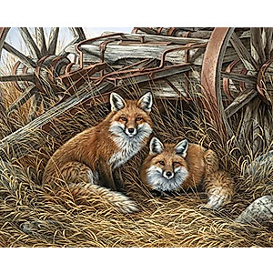 David Textiles Rustic Retreat Two Fox Under Old Wagon Panel Cotton Fabric WW3312