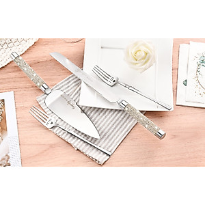 ROXBURGH Wedding Cake Knife and Server Set, Mr and Mrs Forks, Cake Cutting Set for Wedding, 420 Stainless Steel Silver Cake Cutter and Pie Server Slicer, Rhinestones Studded Handle Engagement