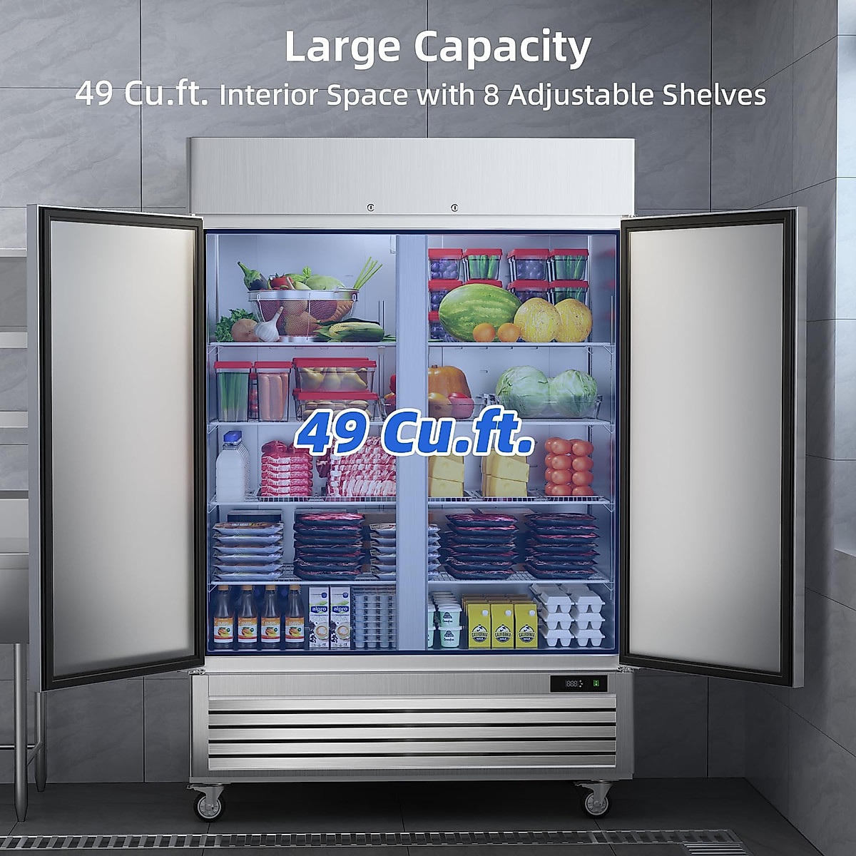 Coolski 54'' W Commercial Refrigerator, Stainless Steel Reach-in Refrigerator with 49 Cu.Ft Capacity/8 Shelves/LED Lighting/33℉~41℉/ETL Approved