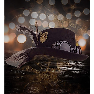 Attitude Studio Fedora Steampunk Hat with Goggles, Feathers, and Gears - Black